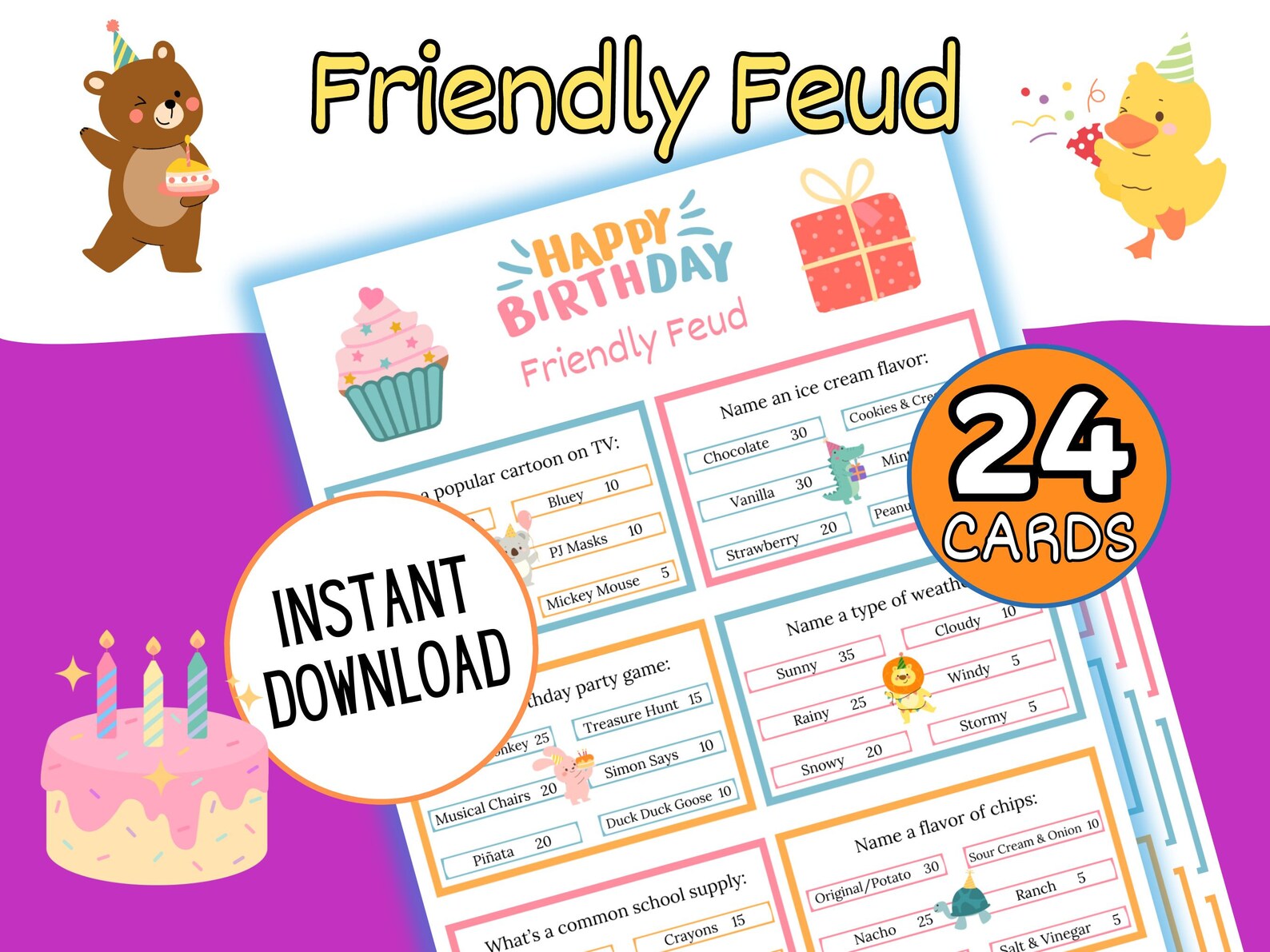 Printable Kids Birthday Friendly Feud, Instant Digital Download PDF ...