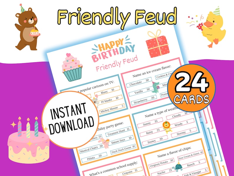 Printable Kids Birthday Friendly Feud, Instant Digital Download PDF ...