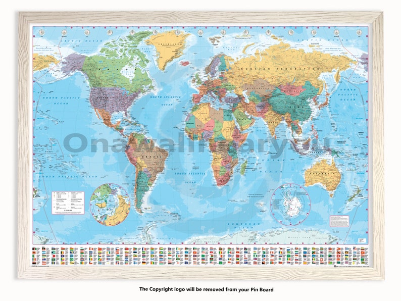 World Political Map Polar Caps & Flags Border Matt - Etsy
