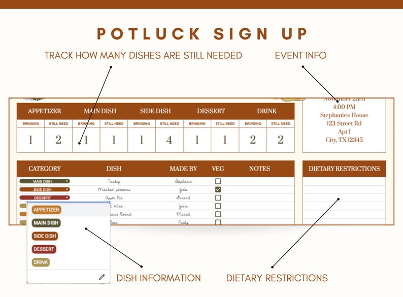 Friendsgiving Potluck Food Sign up || Event Hosting, Thanksgiving, Food ...