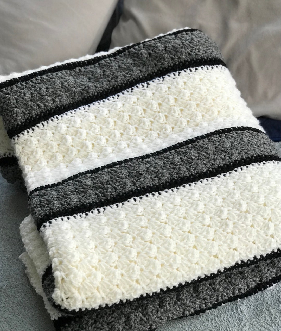 Handmade Blanket Stitch Crochet Afghan – Gray, Black, and White Bedding ...