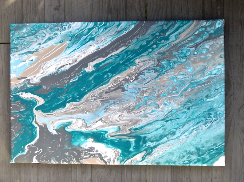 Acryl Bild Pouring abstrakt groß auf Leinwand 40 x 60 x 1,5 cm greige grau beige türkis grün ...