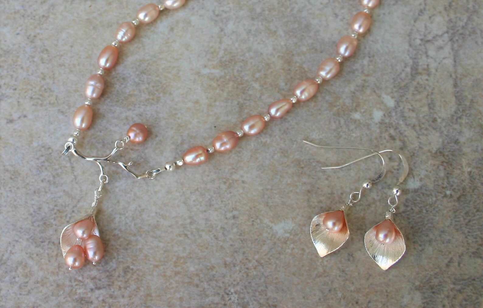 Peach Pink Pearl Petal Necklace and Earring Set Freshwater - Etsy