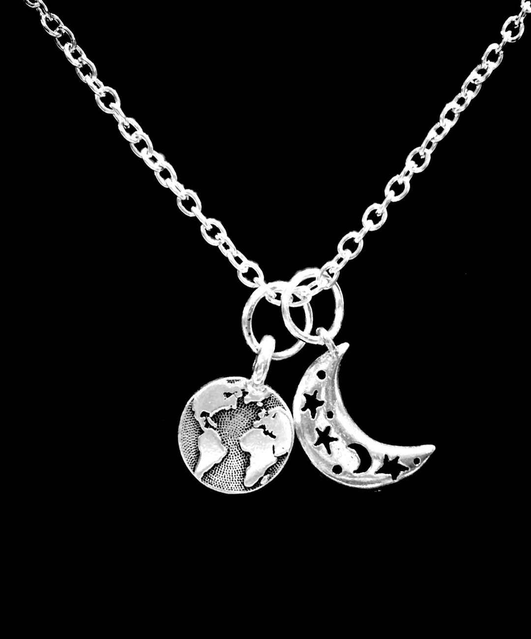 Earth Moon Necklace, World Planet Geography Globe Travel Crescent Moon ...