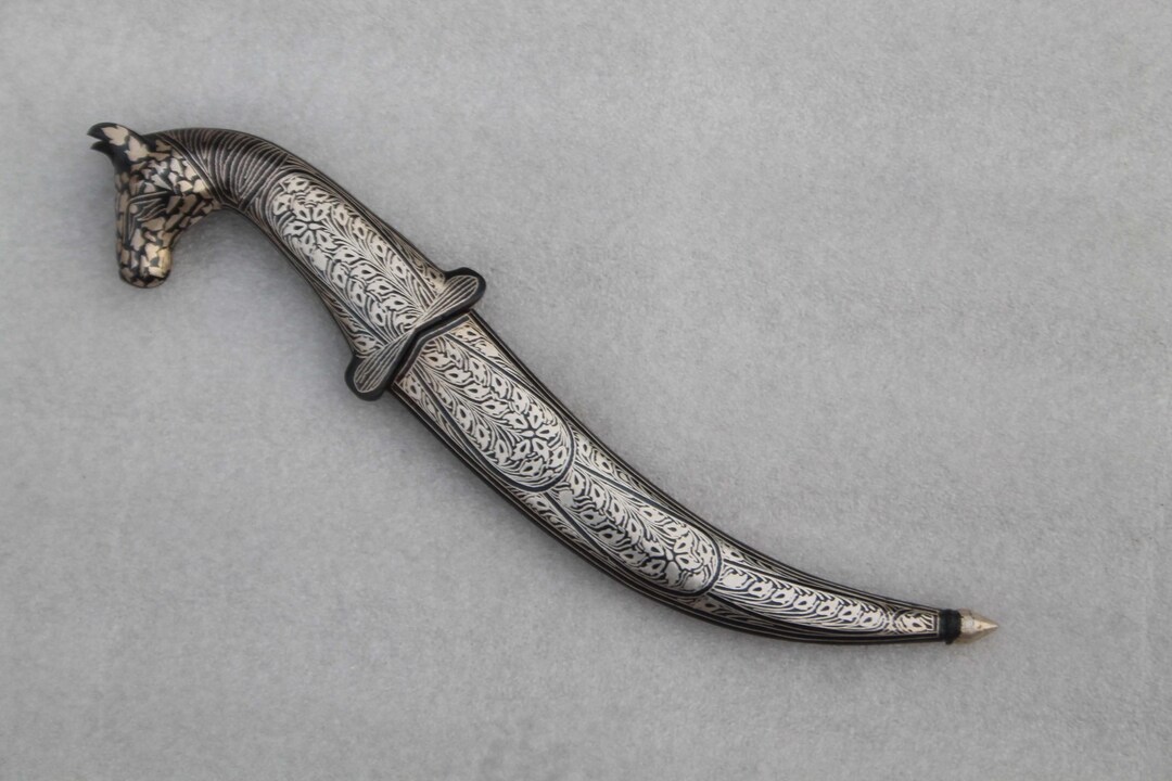 Vintage Mughal Silver Inlaid Dagger: Horse Head Handle, Khanjar Knife ...