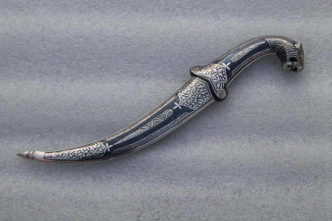 Vintage Mughal Silver Inlaid Dagger Lion Head Handle, Islamic Dagger ...