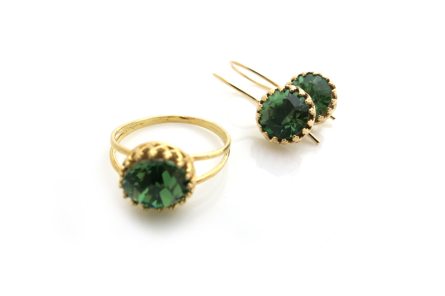 Jewellery Gift Set, Green Jewellery Set of Gold Ring and Earrings ...