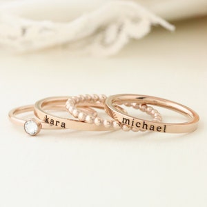 Rose Gold Personalized Ring Stack - Stacking Ring Set - Stackable Ring - Personalized Ring ...