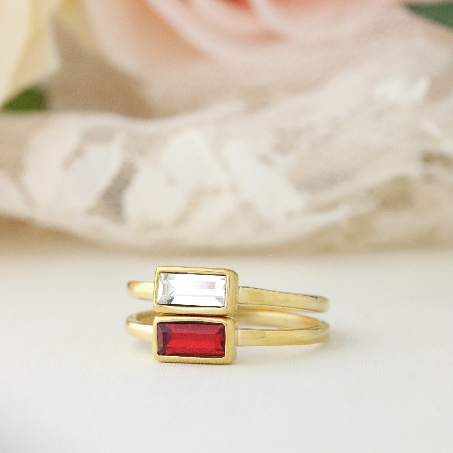 Baguette Birthstone Ring / Baguette Ring / Mothers Ring Set ...