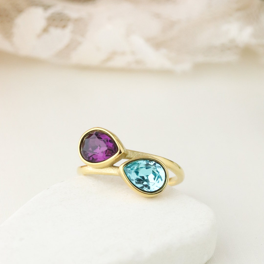 Dual Birthstone Ring / Double Birthstone Ring / Birthstone Bypass Ring ...