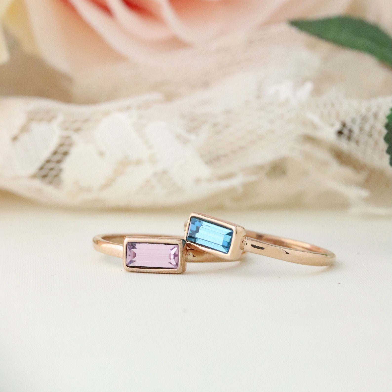 Baguette Birthstone Ring / Baguette Ring / Mothers Ring Set ...