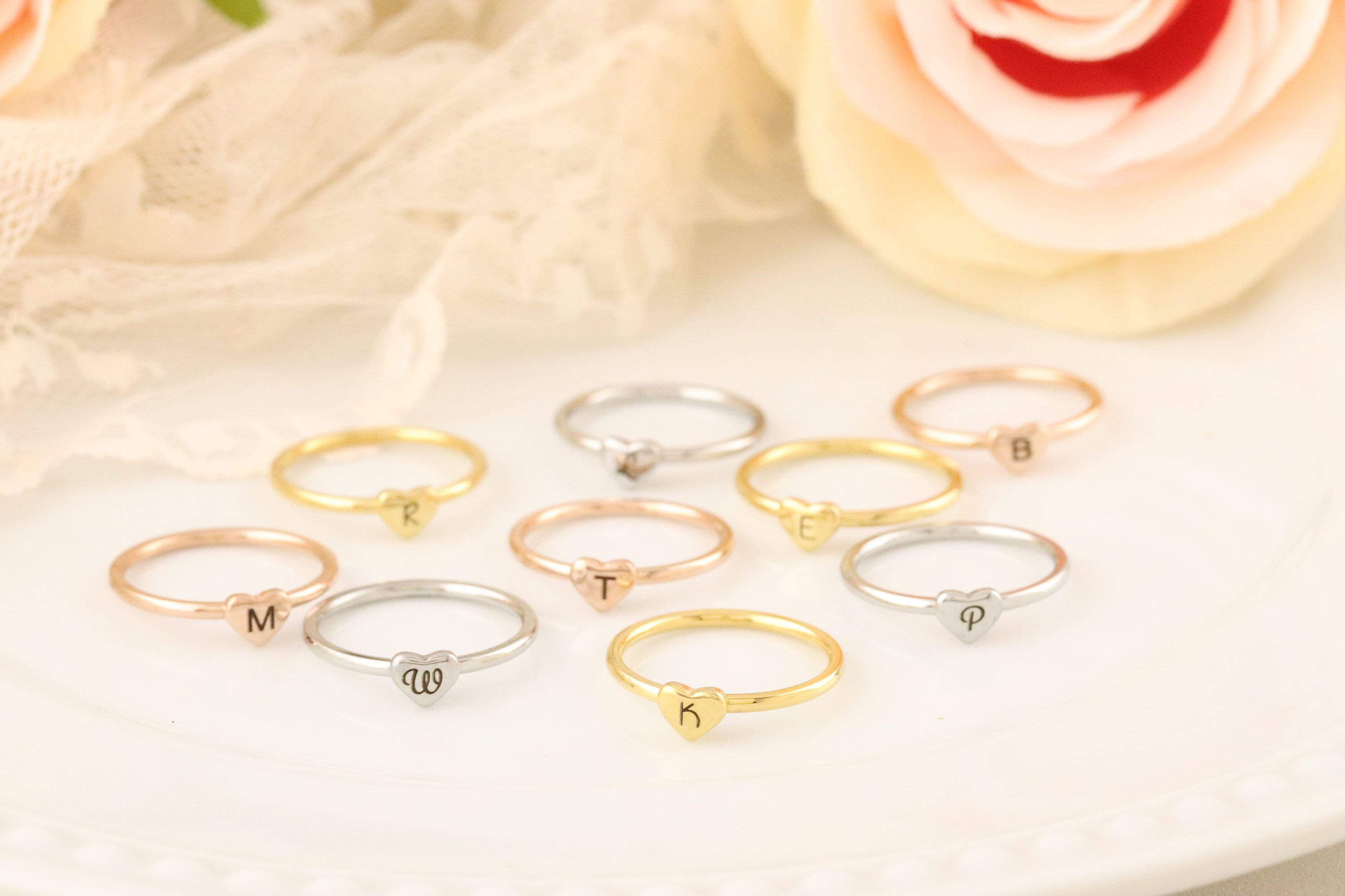 Tiny Heart Stackable Ring / Initial Stacking Ring / Rose Gold | Etsy