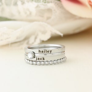 Rose Gold Personalized Ring Stack - Stacking Ring Set - Stackable Ring - Personalized Ring ...