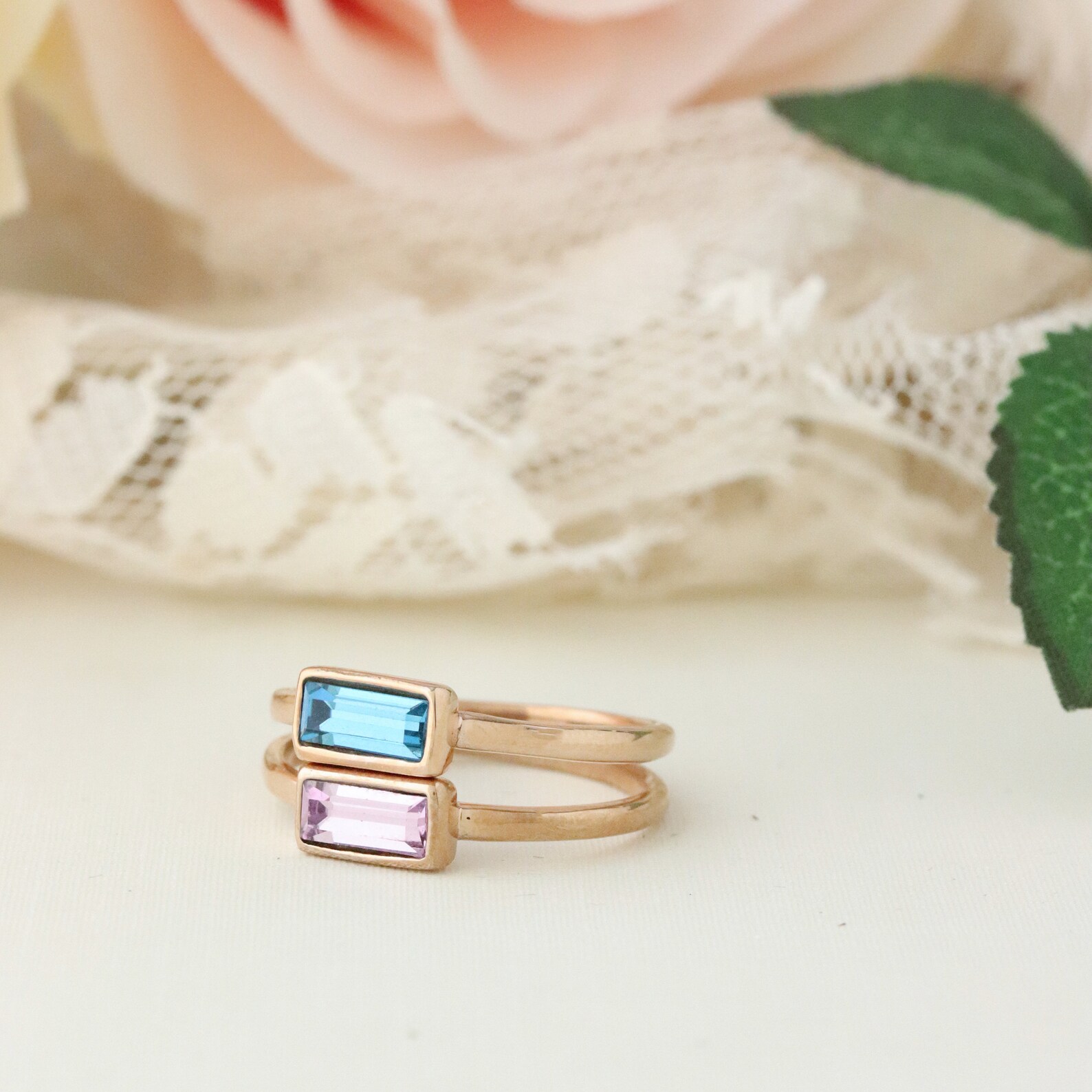 Baguette Birthstone Ring / Baguette Ring / Mothers Ring Set ...