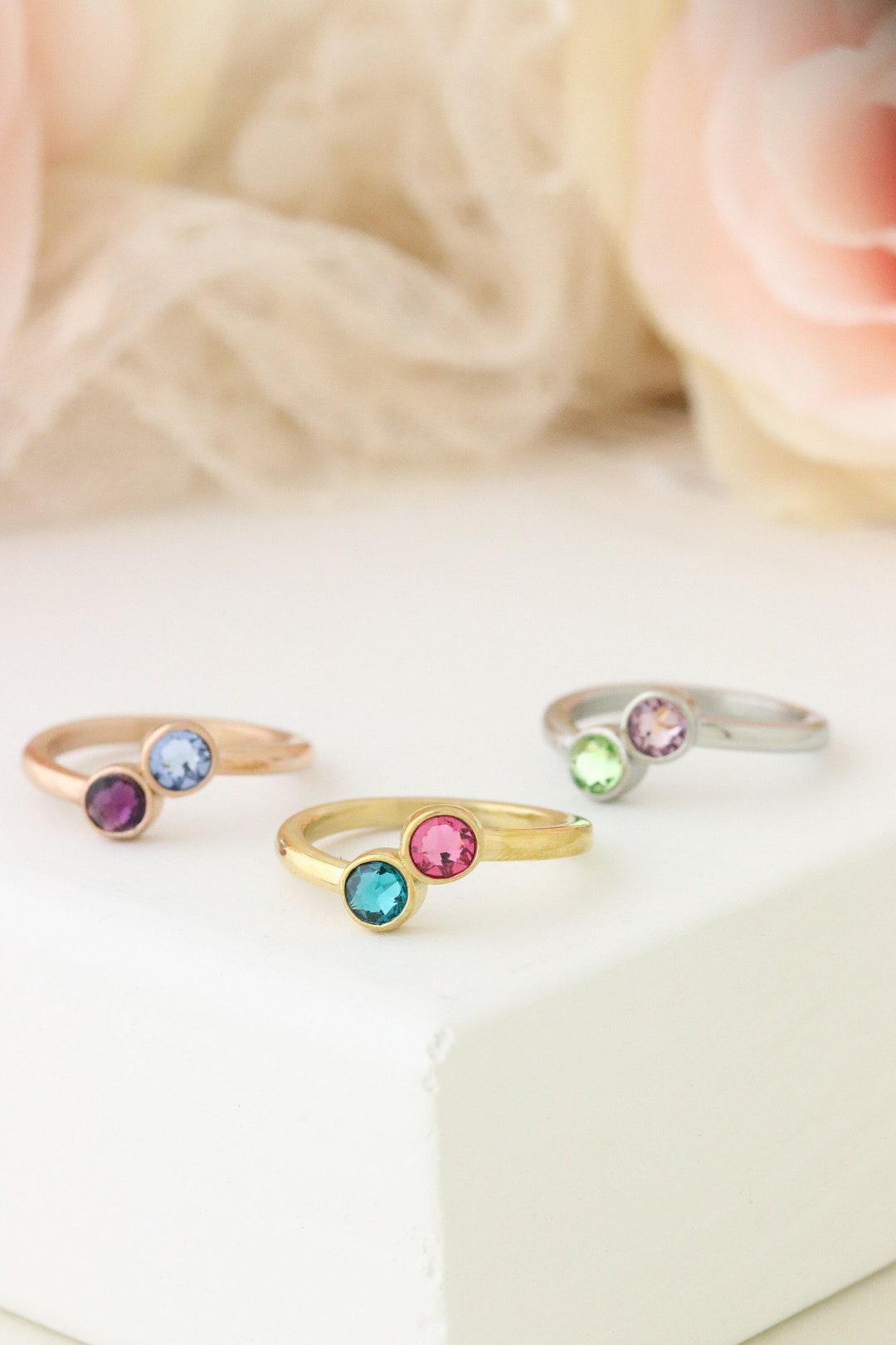 Double Birthstone Ring / Dual Birthstone Ring / Birthstone Bypass Ring ...