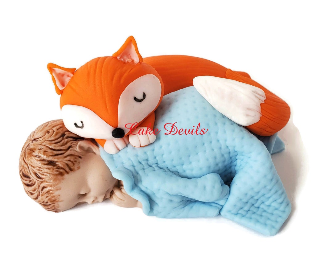 Fondant Sleeping Fox Snuggled Around a Sleeping Baby, Baby Shower Cake ...