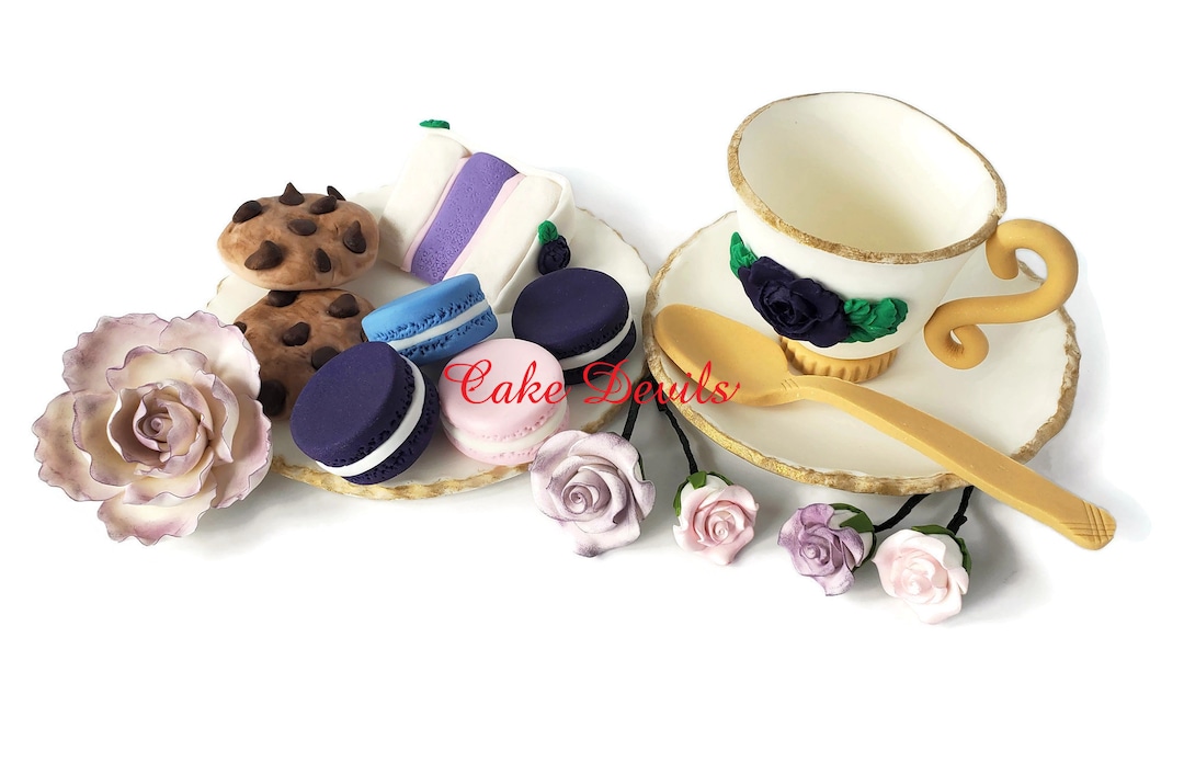 Fondant Tea Party Cake Toppers, Tea Cup and Saucer, Roses, Bridal ...