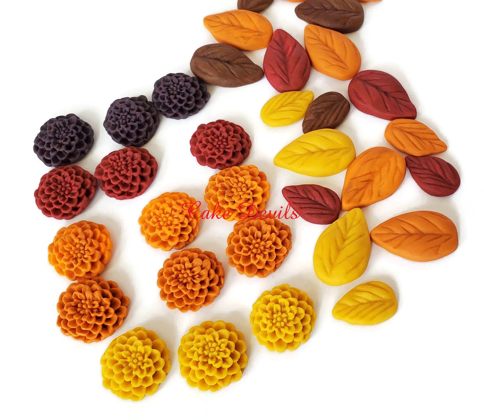 Fall Fondant Mum Flowers and Autumn Fondant Leaves Cake Decorations ...