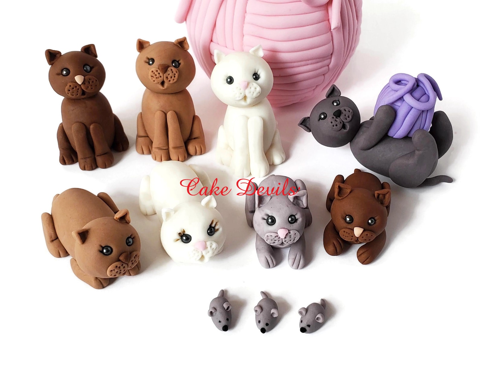 Fondant Cat Cake Toppers, Cats, Yarn, Mice, Handmade Cats With Yarn ...