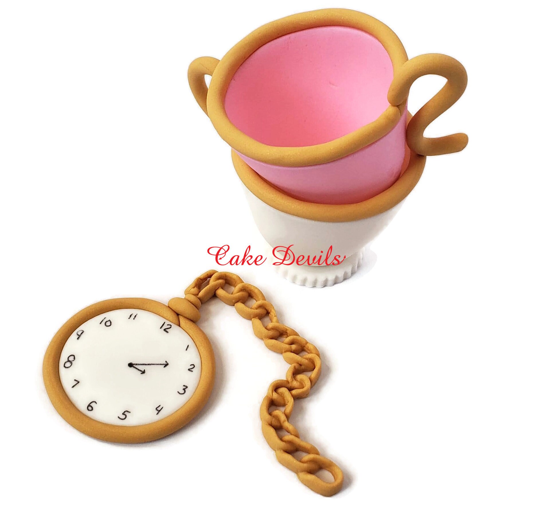 Fondant Stacked Tea Cups and Pocket Watch Cake Toppers, Perfect for an ...