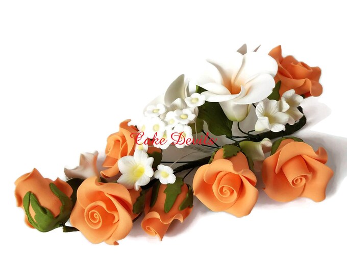Special! Orange Fondant Rose Cake Topper, Floral Wedding Cake Topper ...