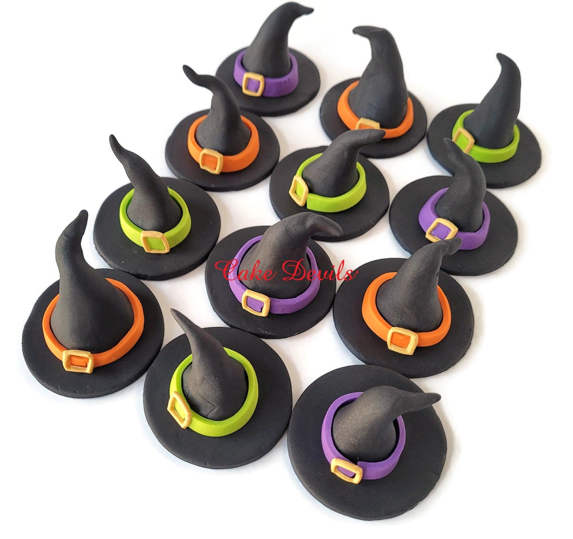 Fondant Witch's Hat Cupcake Toppers, Halloween Cake Decorations, Witch ...