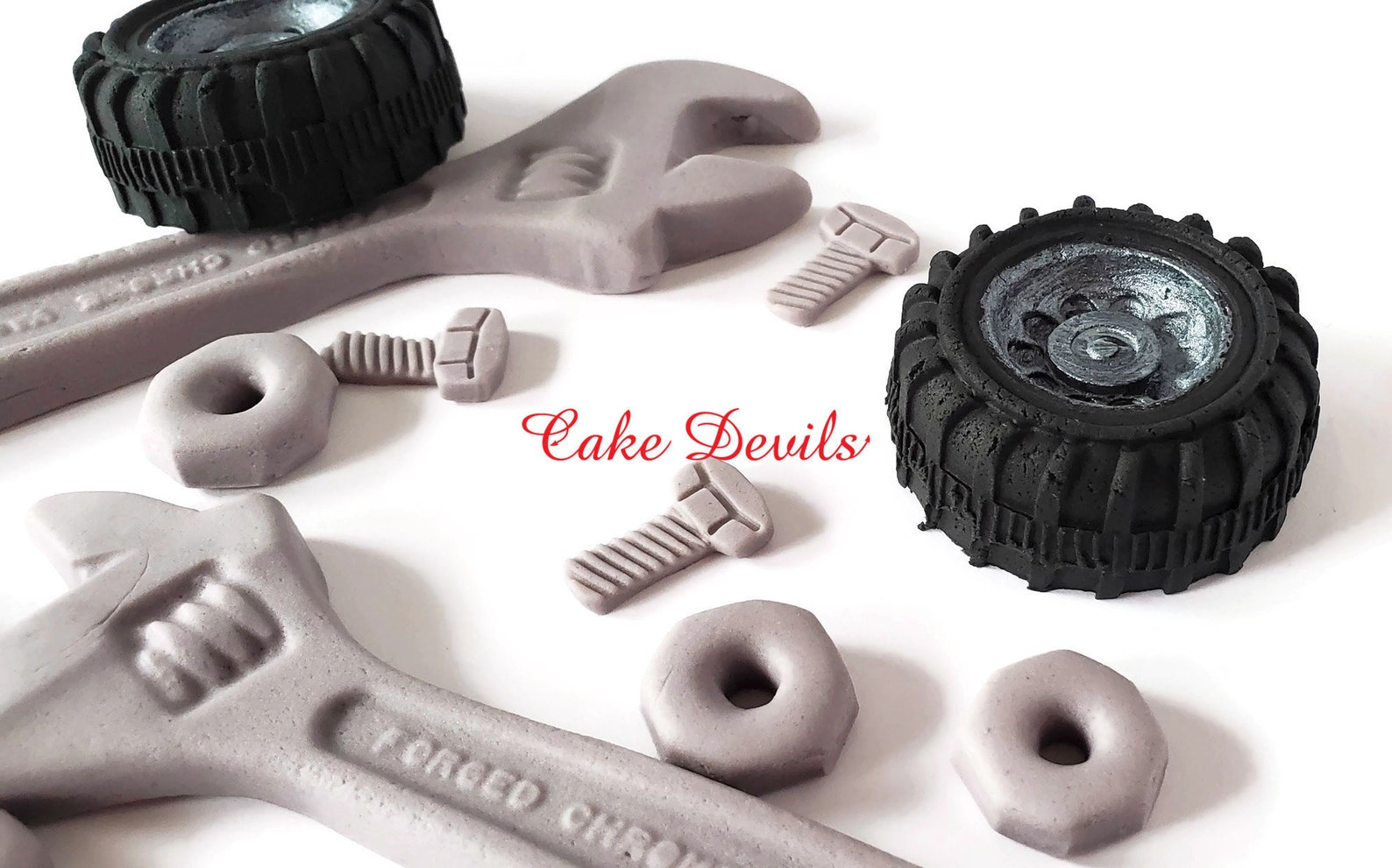 Fondant Mechanic Tools Cake Toppers, Fondant Wrenches, Tires, Bolts ...