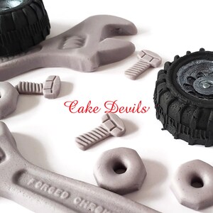 Fondant Mechanic Tools Cake Toppers, Fondant Wrenches, Tires, Bolts ...