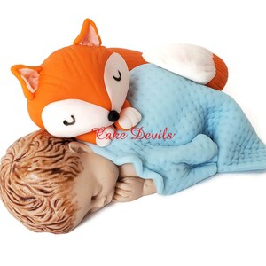 Fondant Sleeping Fox Snuggled Around a Sleeping Baby, Baby Shower Cake ...