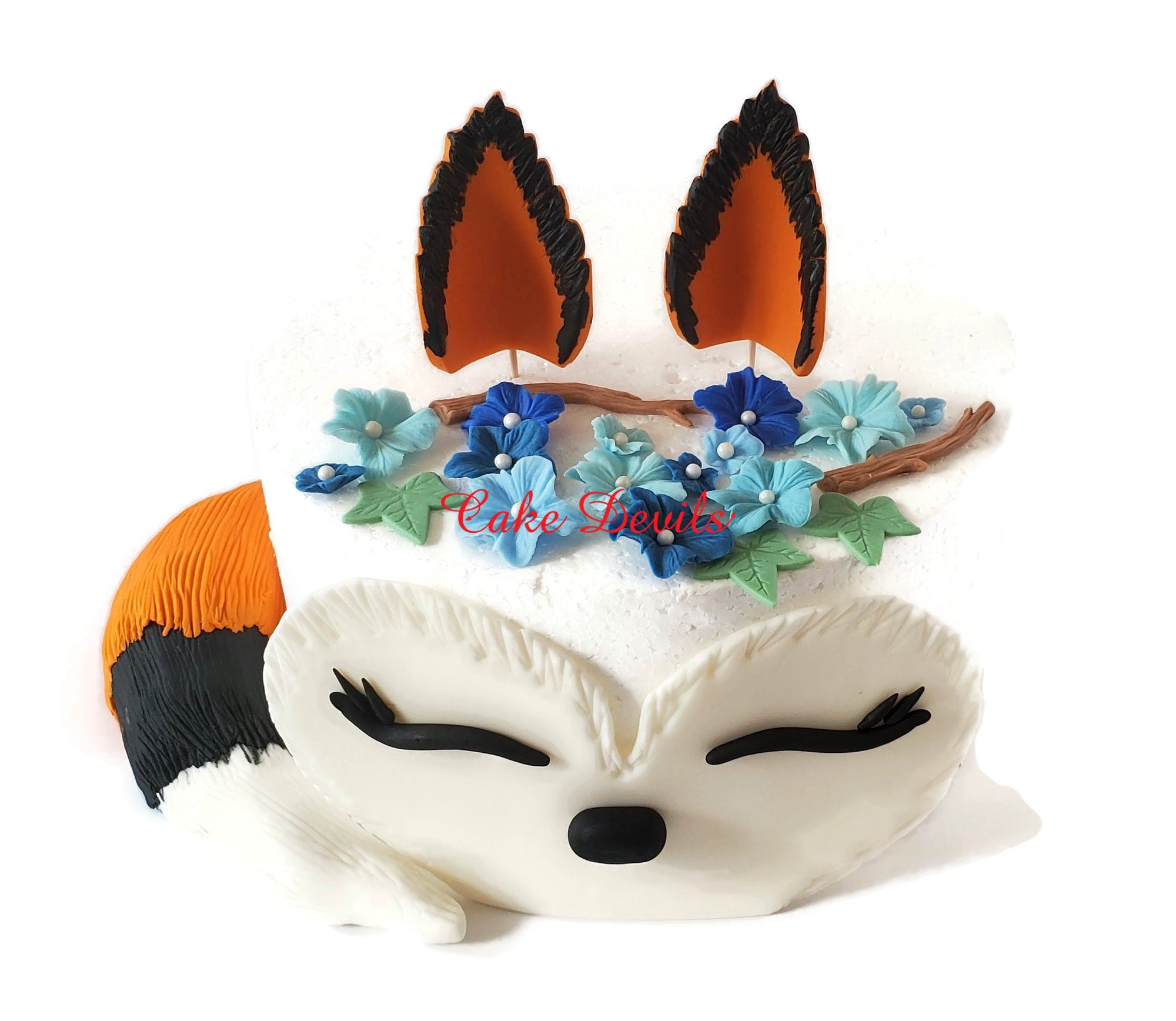 Fondant Fox Cake Topper Set, Fox Cake With Flowers, Handmade Edible Fox ...
