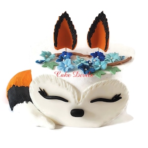 Fondant Fox Cake Topper Set, Fox Cake With Flowers, Handmade Edible Fox ...