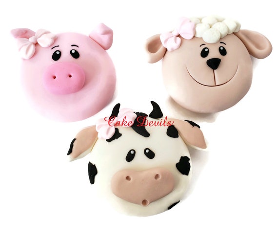 Fondant Farm Animal Faces of a Pig, Cow, Lamb / Sheep, Fondant Cake ...