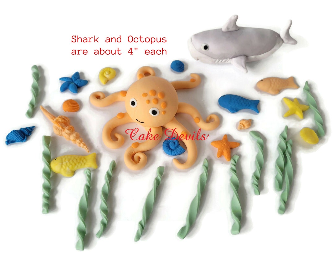 Fondant Sea Life Animals Cake Topper Set With Octopus, Shark, Fish ...