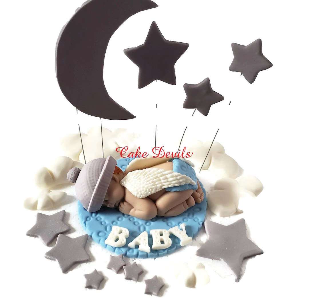 Fondant Angel Baby Shower Cake Topper Kit With Moon, Stars, and Clouds ...