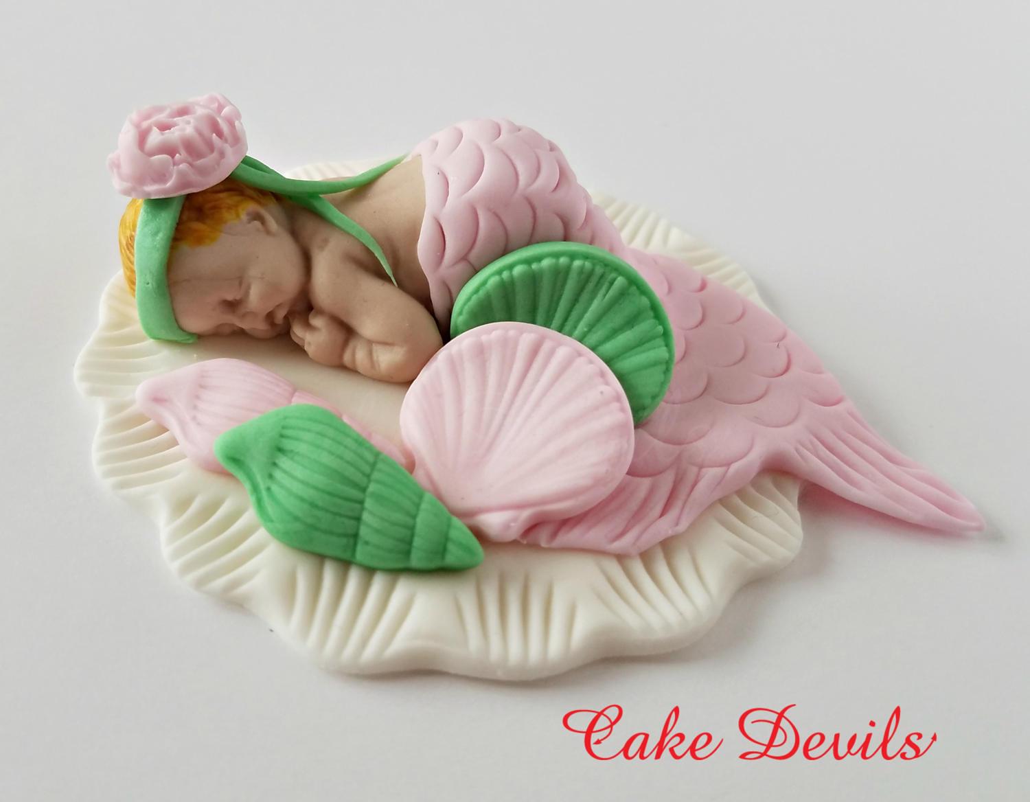 Fondant Mermaid Baby Shower Cake Topper Baby Girl Sleeping - Etsy