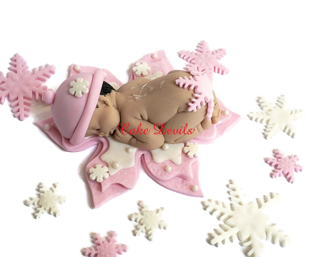 Fondant Pink Snowflake Baby Shower Cake Topper, Winter Baby, Sleeping ...