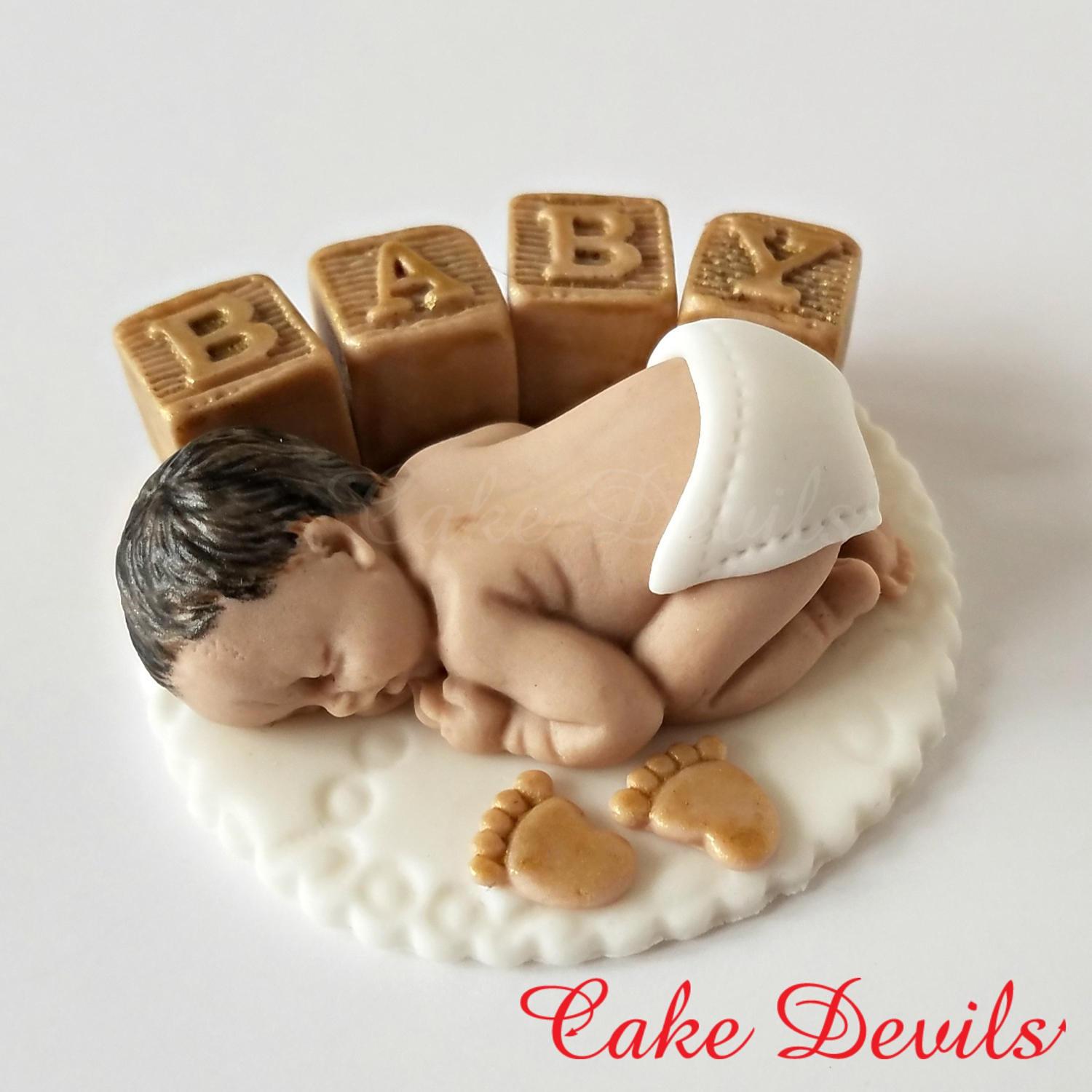 Fondant Baby Shower Sleeping Baby Cake Topper With Blocks - Etsy