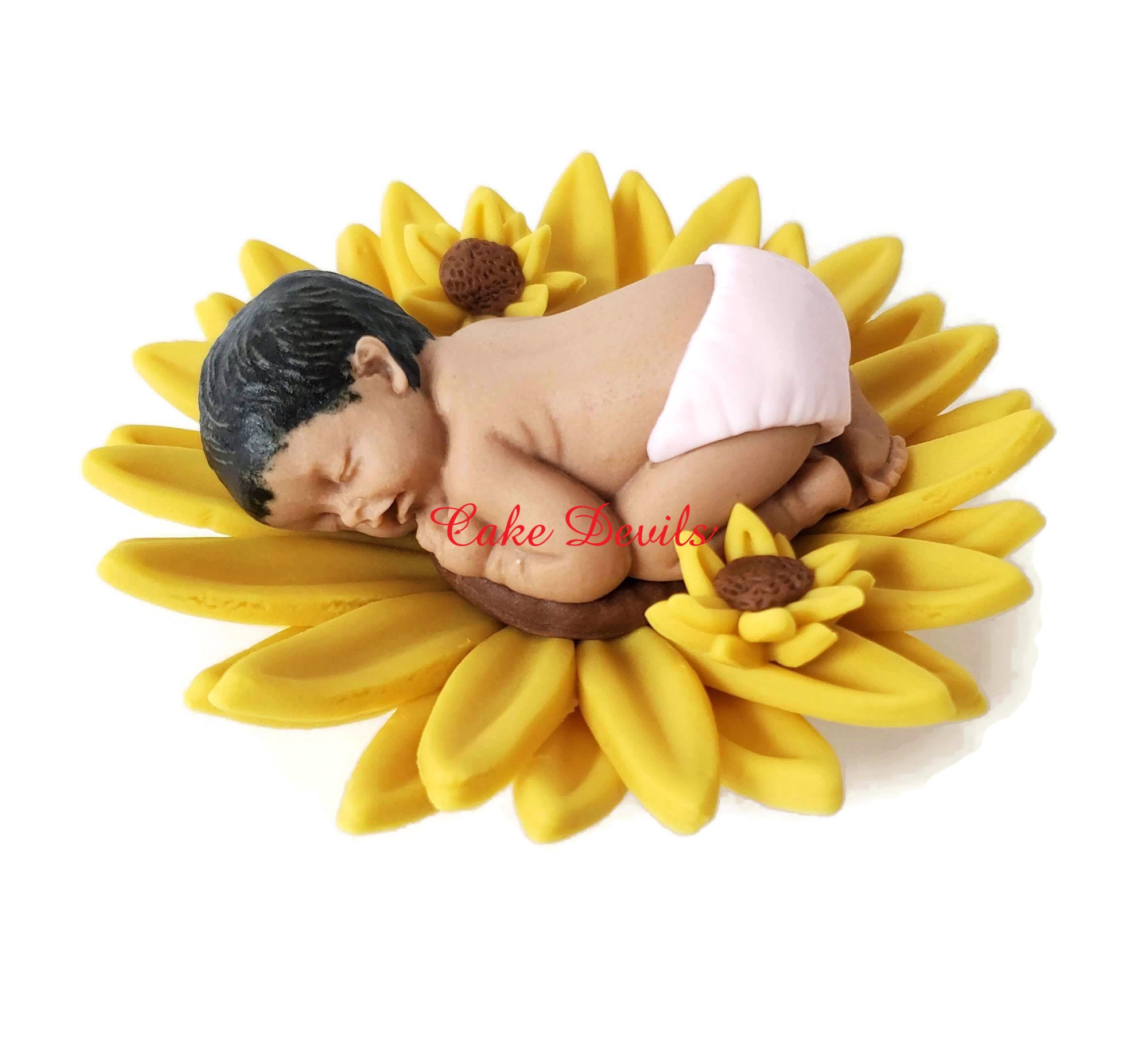 Fondant Baby Sunflower Cake Topper, Fondant Baby With Headband and ...