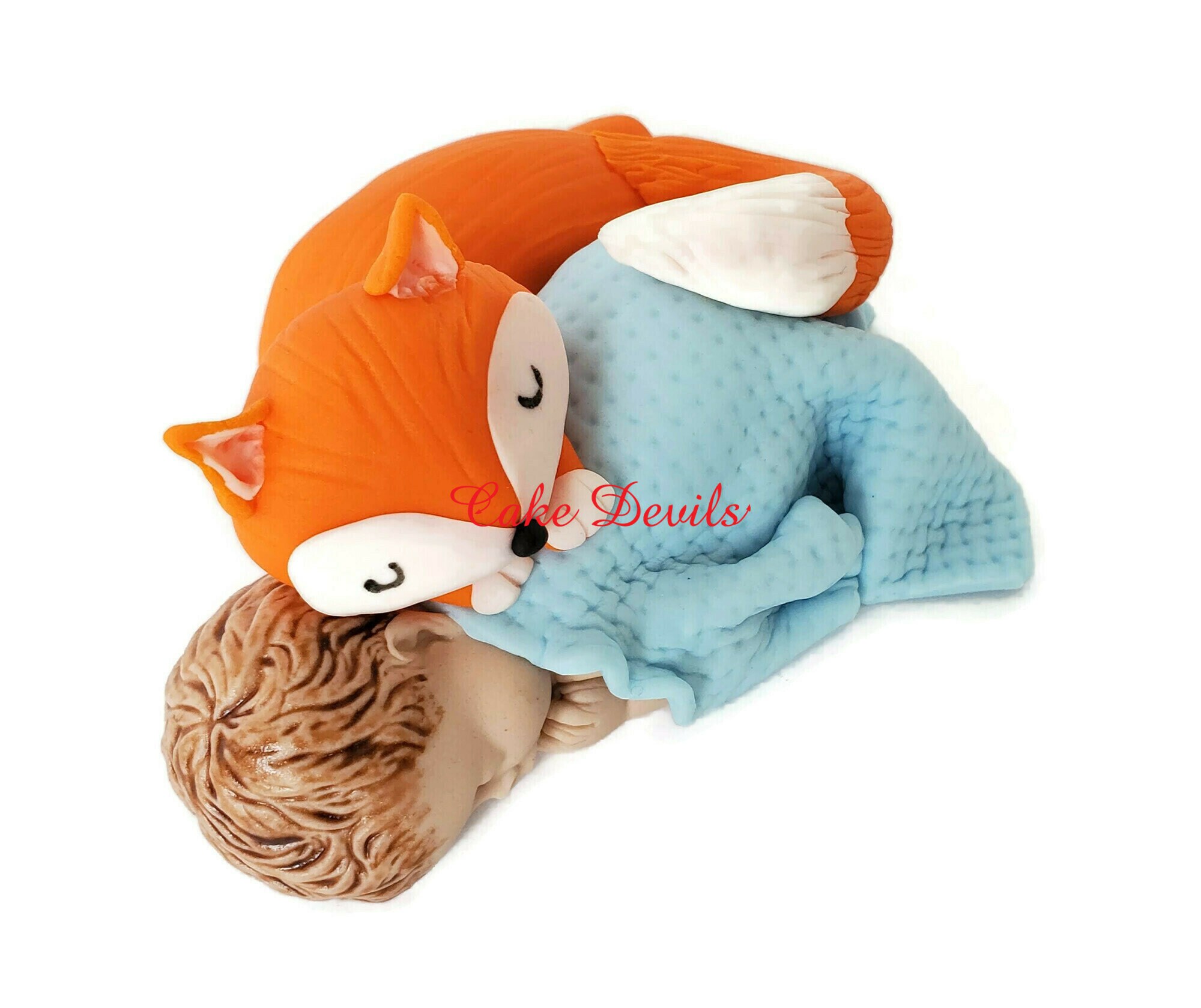 Fondant Sleeping Fox Snuggled Around a Sleeping Baby, Baby Shower Cake ...