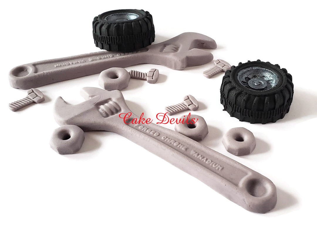 Fondant Mechanic Tools Cake Toppers, Fondant Wrenches, Tires, Bolts ...