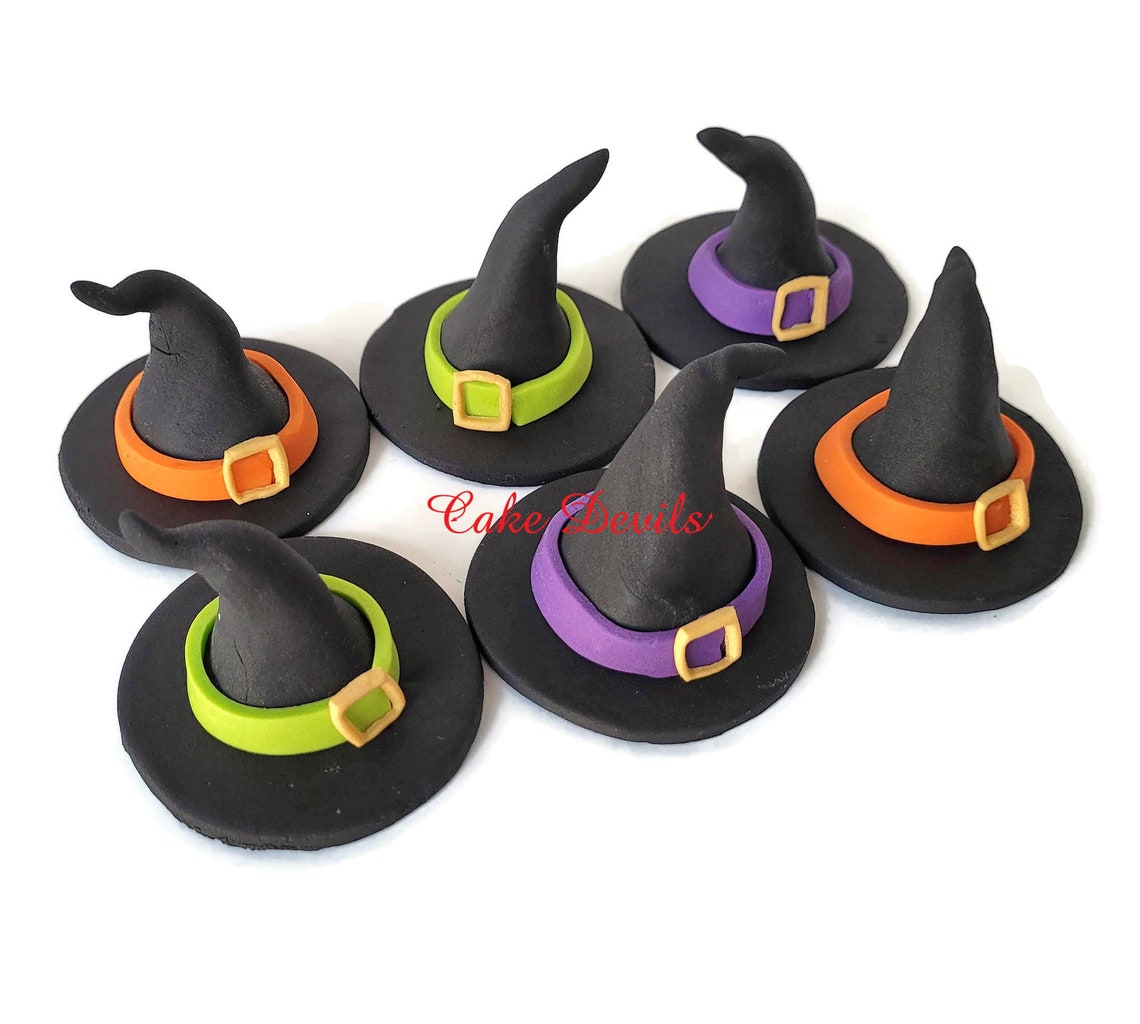Fondant Witch's Hat Cupcake Toppers, Halloween Cake Decorations, Witch ...