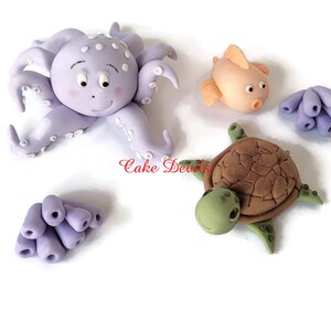 Fondant Sea Creatures Cake Topper Set With Sea Turtle, Octopus, Fish ...
