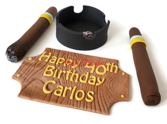 Fondant Cigar Cake Toppers with Ashtray and plaque, Handmade Edible ...