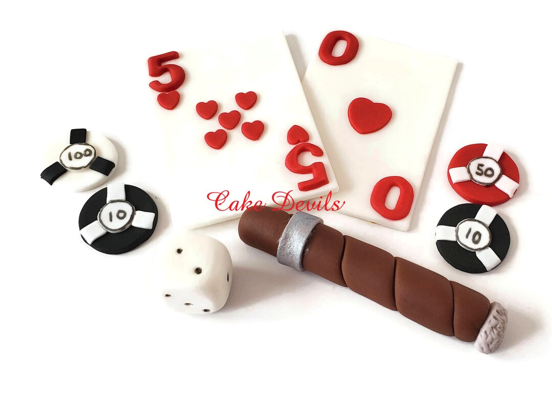 Fondant Casino Cake Toppers, Playing Cards, Poker Chips, Cigar, Dice ...