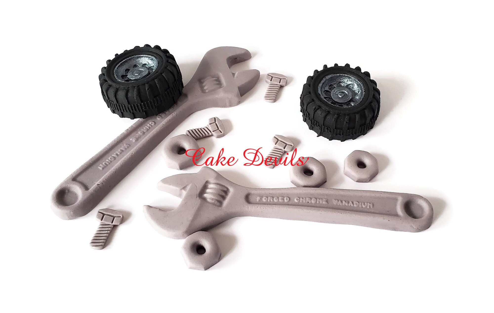 Fondant Mechanic Tools Cake Toppers, Fondant Wrenches, Tires, Bolts ...