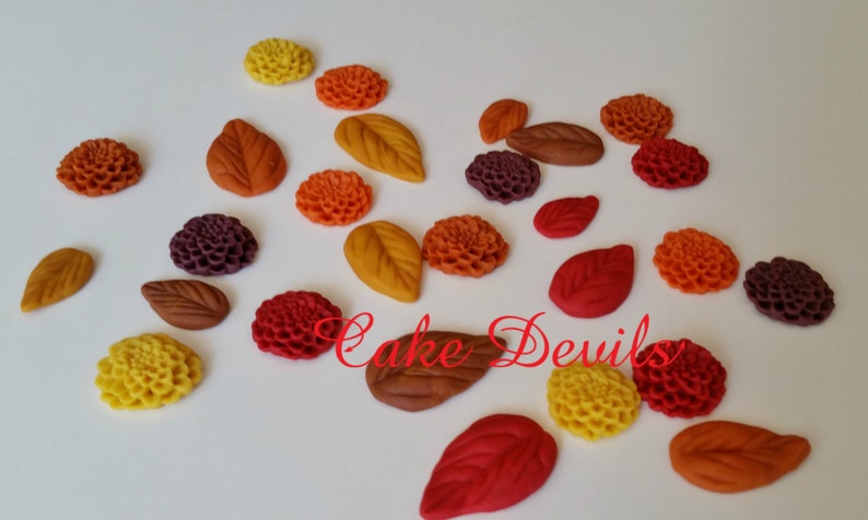 Fall Fondant Mum Flowers and Autumn Fondant Leaves Cake Decorations ...