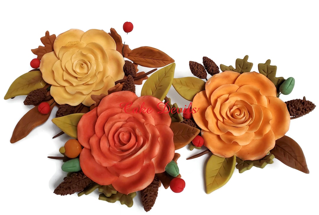 Fall Rose Spray Wedding Cake Toppers With Fondant Pine Cones, Leaves ...