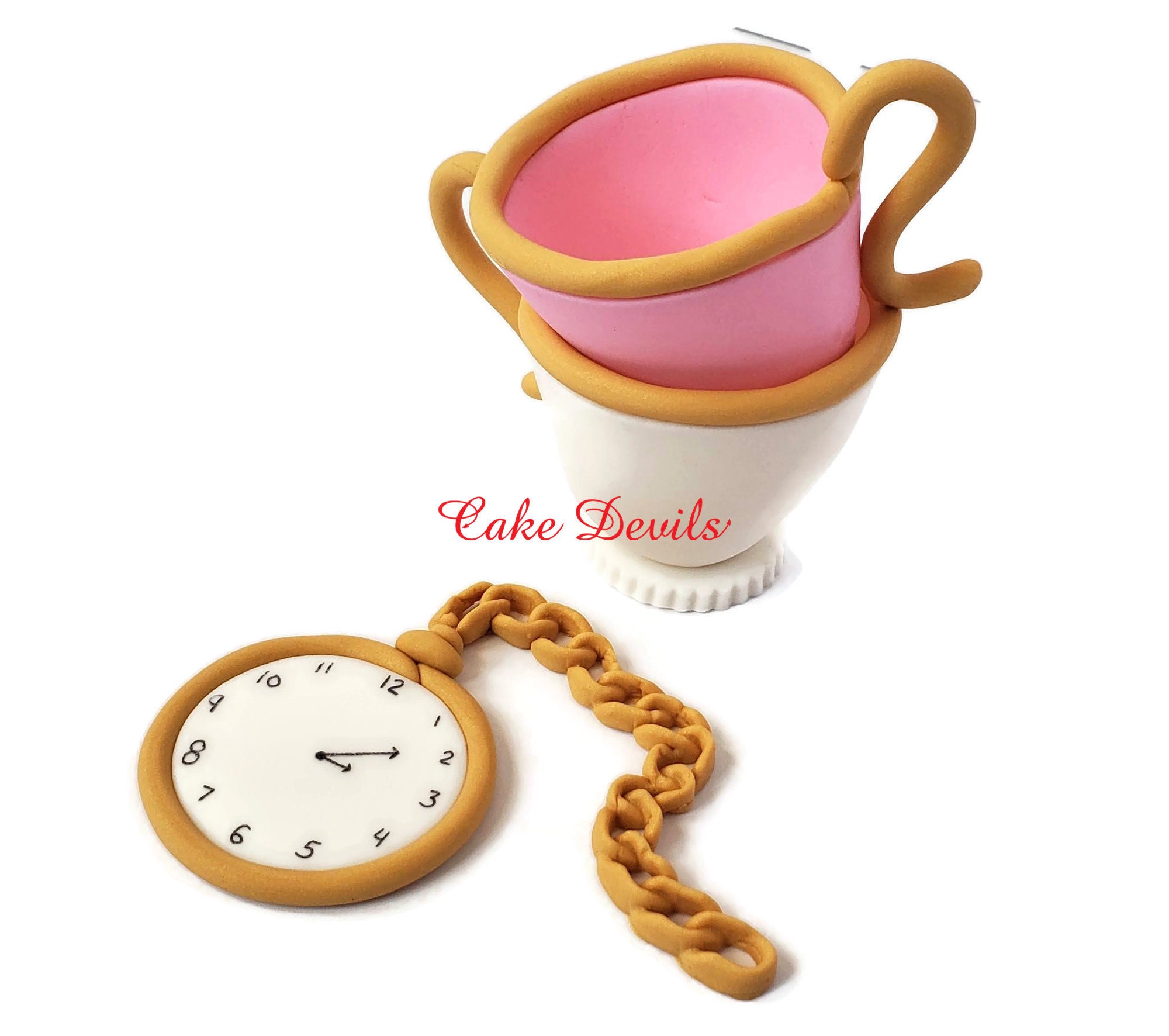 Fondant Stacked Tea Cups and Pocket Watch Cake Toppers, Perfect for an ...