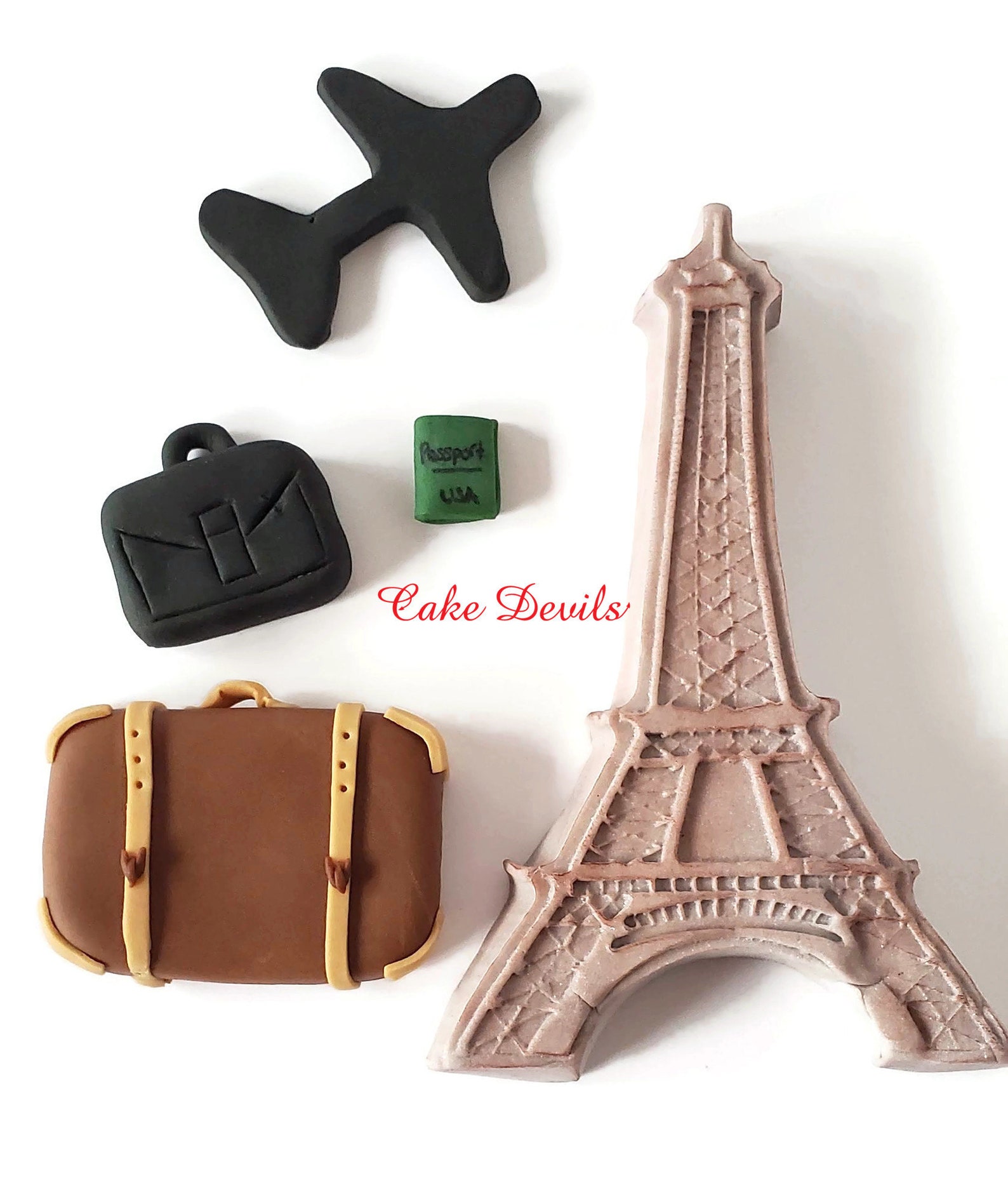 Fondant Travel Cake Toppers, Eiffel Tower, Suitcase, Passport, and ...