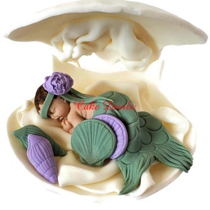 Mermaid in a Clam Shell Baby Shower Cake Topper, Fondant Clam Shell ...